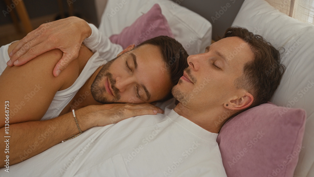 Couple sleeping together in bed, two men embracing lovingly in a cozy ...