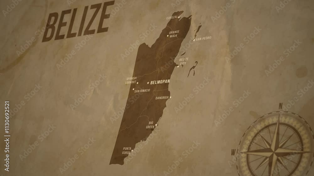 Vintage Map of BELIZE with states Borders and Major Cities Positions 素材 ...