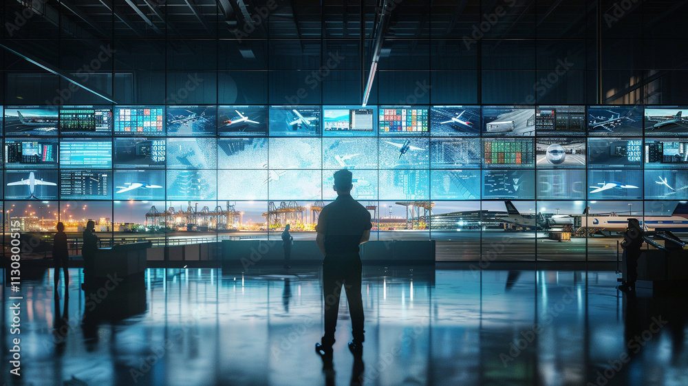 A logistics manager in a control tower monitors the bustling freight ...