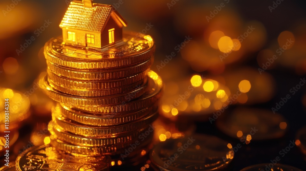 Stack of shiny gold coins with miniature houses on top, representing ...