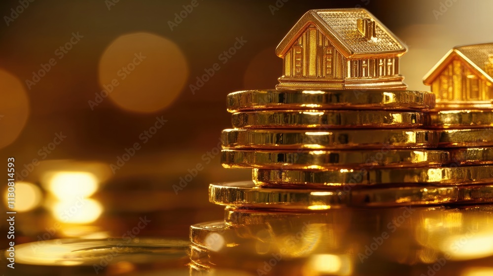 Stack of shiny gold coins with miniature houses on top, representing ...