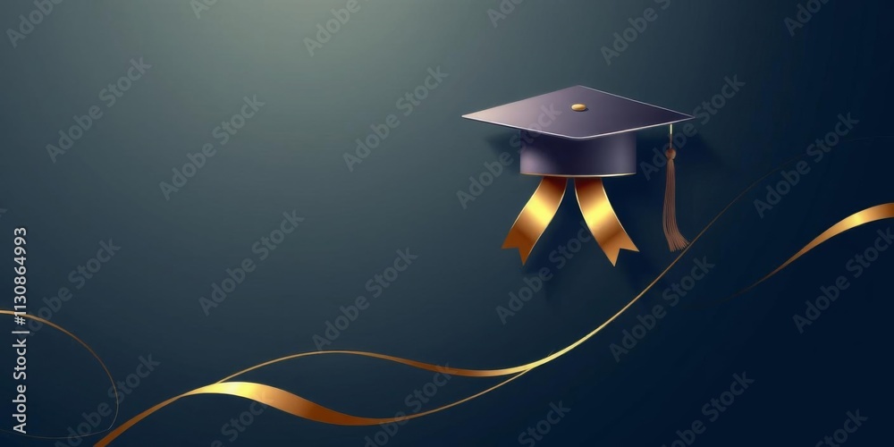 Golden ribbon and cap with a gold gradient wave line background ...
