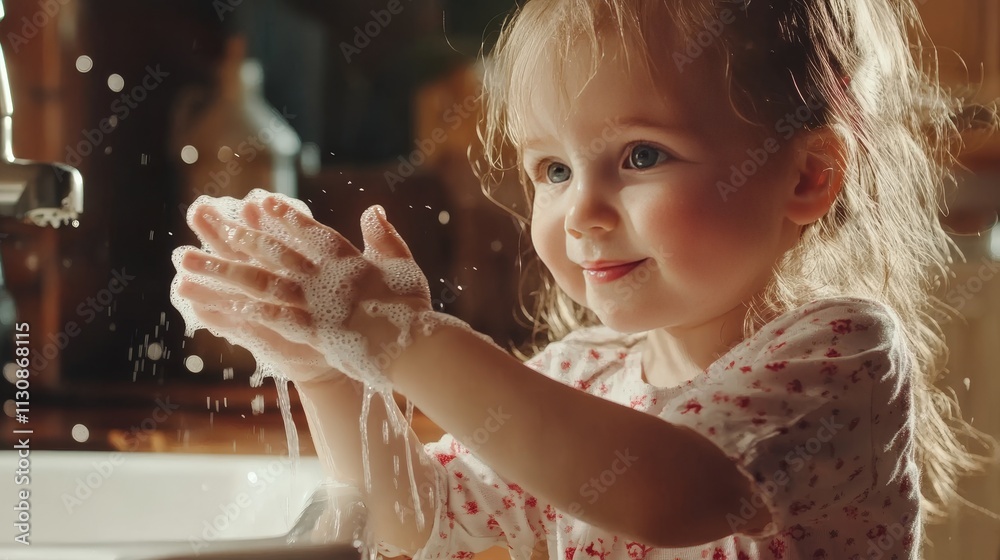 Young girl carefully washing hands in the kitchen with mother’s ...
