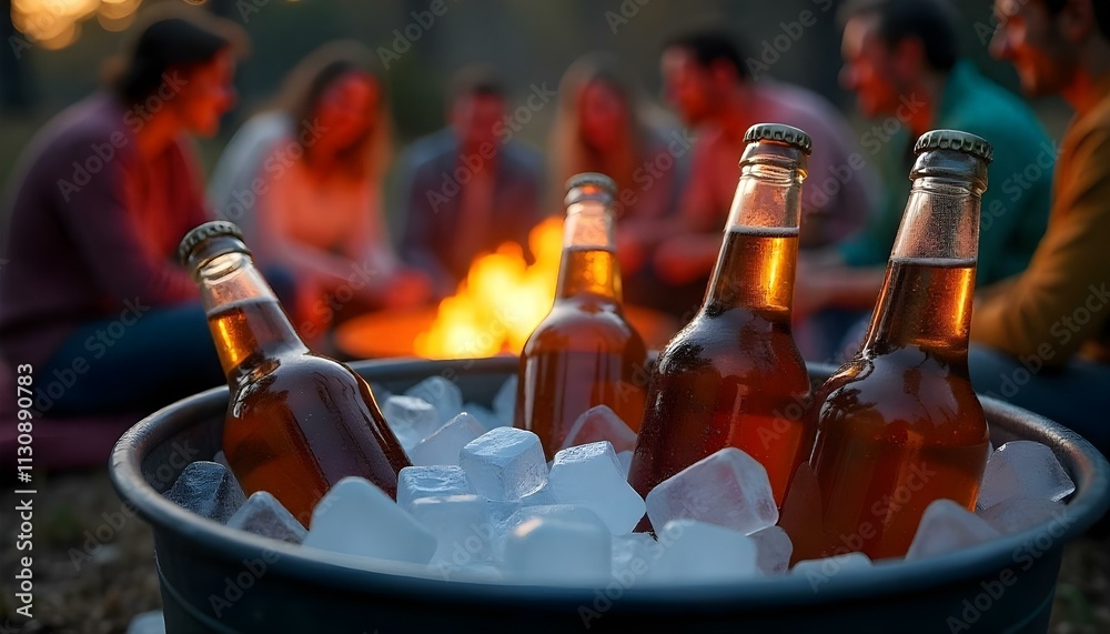 Frosted beer bottles in a rustic metal tub filled with ice, with a ...