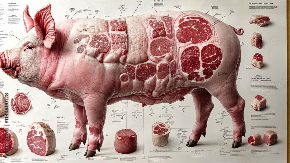 Pig Anatomy Chart: A detailed vintage anatomical illustration of a pig ...