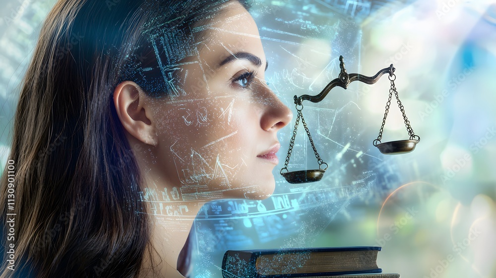 woman’s face with an overlay of a law book and balanced scales ...