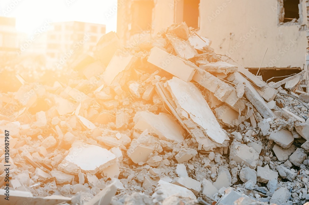 Urban Demolition Debris Piles at Sunset Illuminating Broken Concrete ...