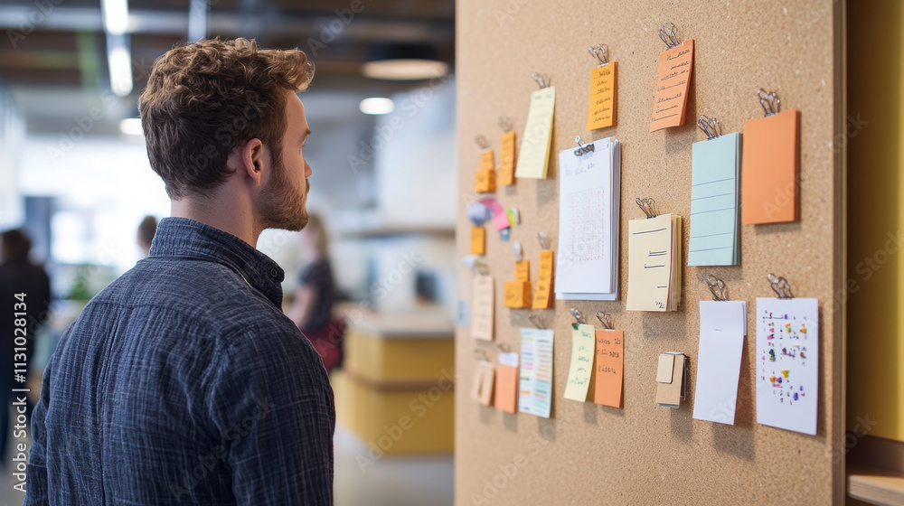 Memo grid board, wall organization with blank paper sheets for messages ...