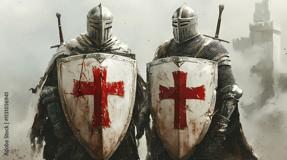 Two knights in full armor stand shoulder to shoulder, their shields ...