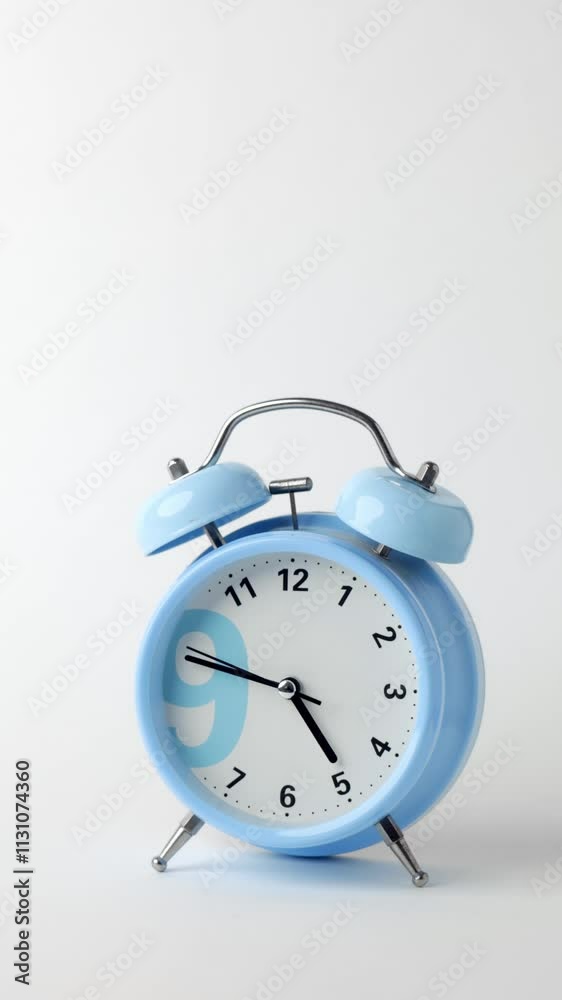 Blue alarm clock ticking against clean white background. Rhythmic ...