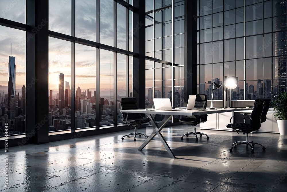 Evening modern office interior in white tones, business district ...