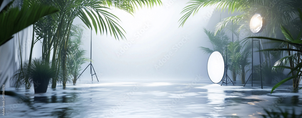 White studio background with water on the floor, palm trees protruding ...