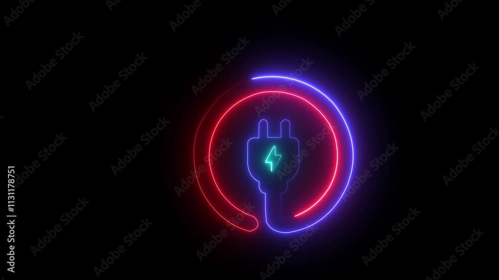 Glowing neon flash lightning icon animation on the black background. 2 ...