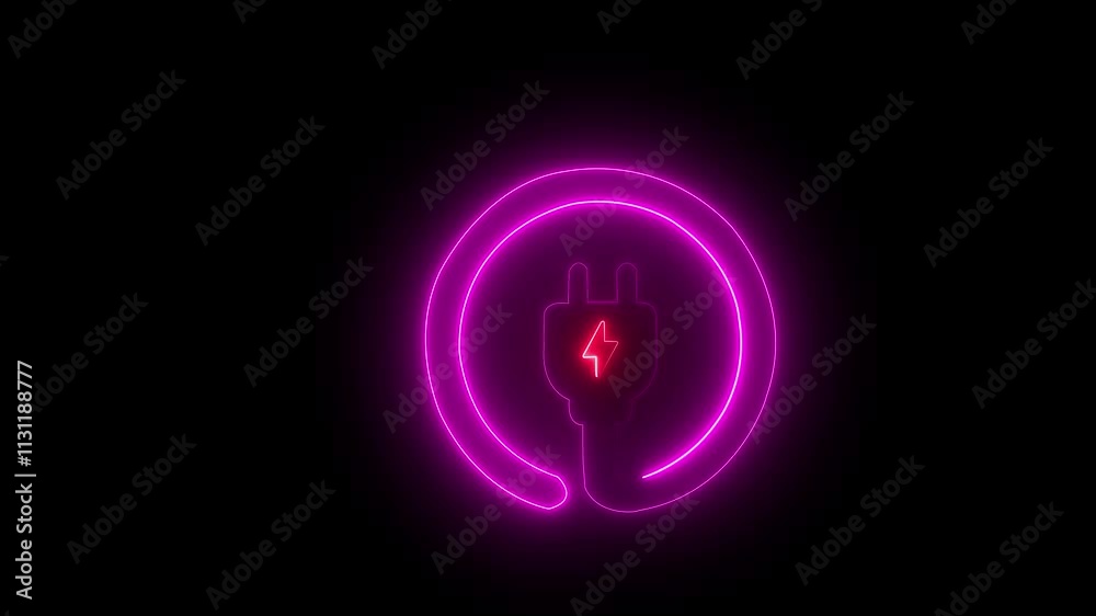Glowing neon flash lightning icon animation on the black background. 2 ...