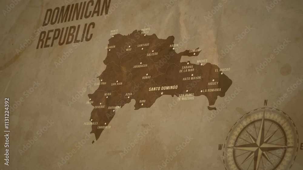 Stockvideon Vintage Map of DOMINICAN REPUBLIC with states Borders and ...