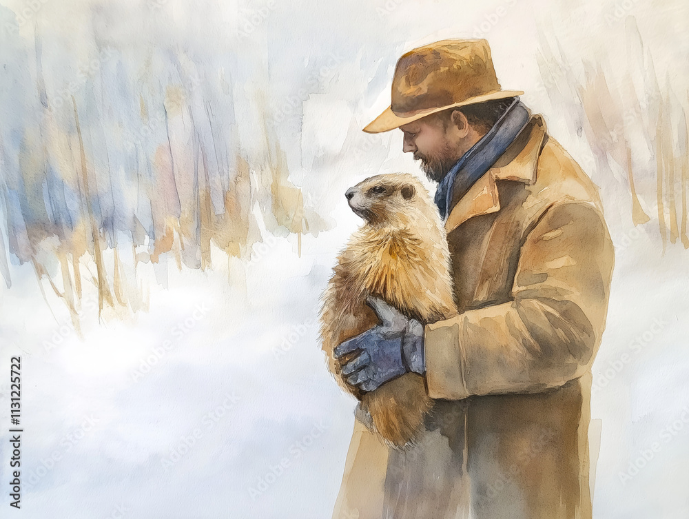 Watercolor illustrations of a groundhog handler holding a groundhog ...