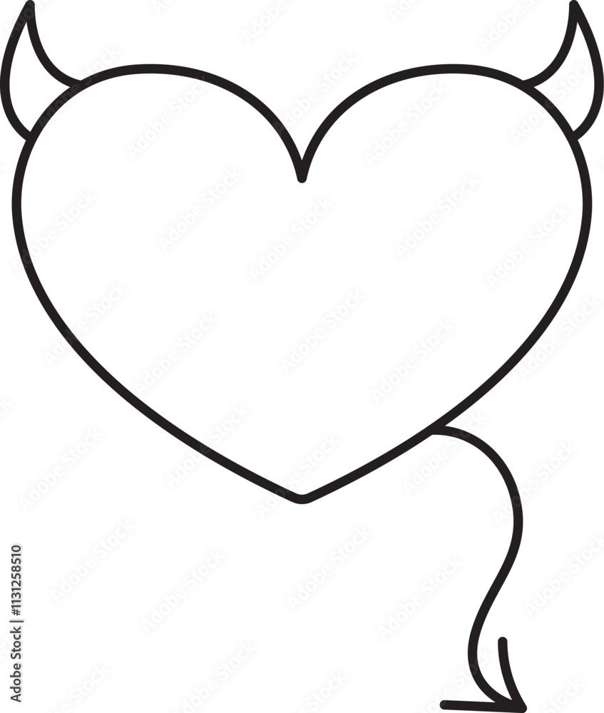 heart icon with horns and tail of an imp, simple linear black and white ...