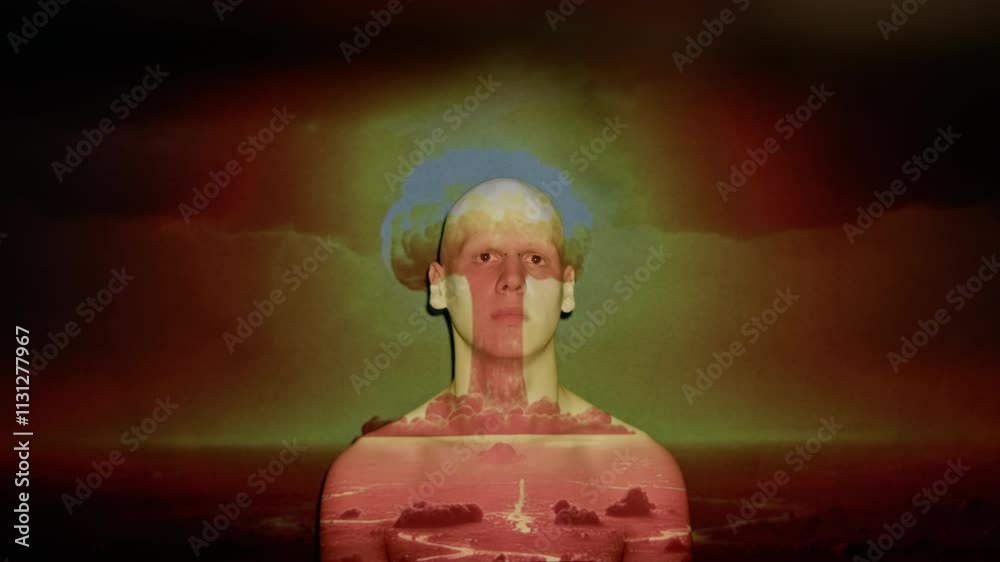 Portrait of shirtless young man with alopecia posing on stark black ...
