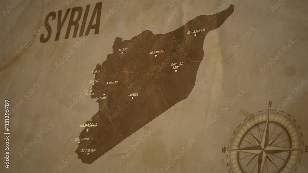 Vintage Map of SYRIA with states Borders and Major Cities Positions ...