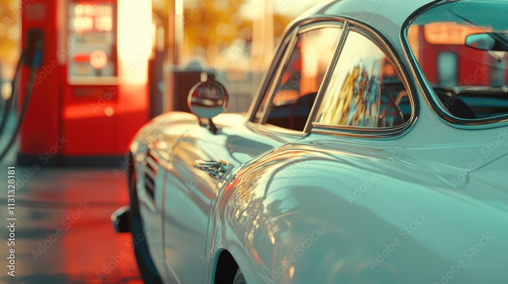 Refueling a classic white car at a gas station with vivid reflections ...