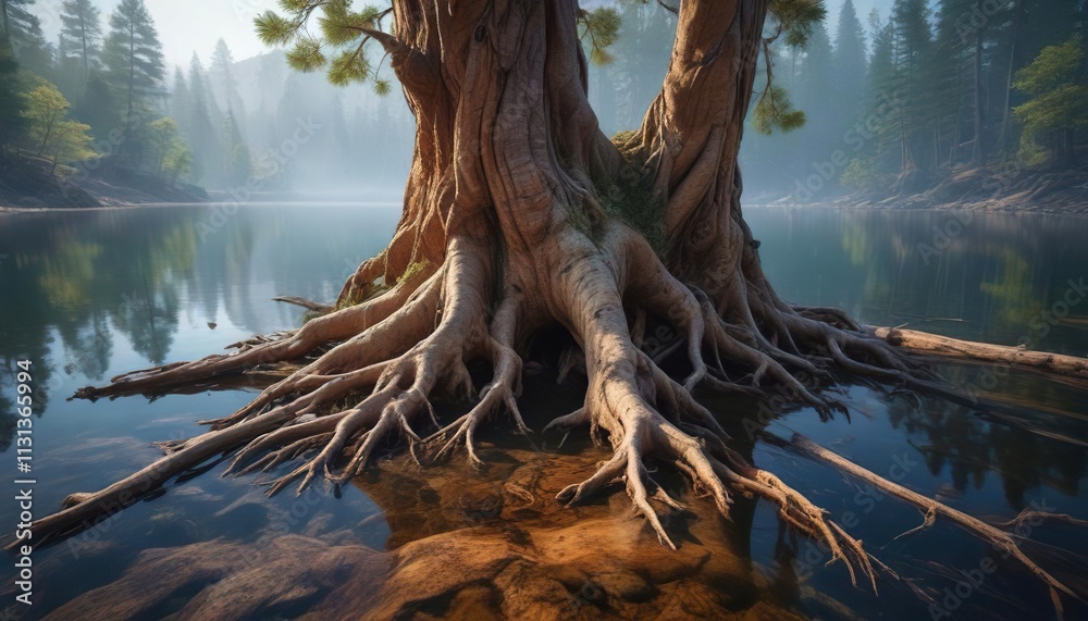 Ancient pine tree roots wrapped around a tree stump in the lake's edge ...