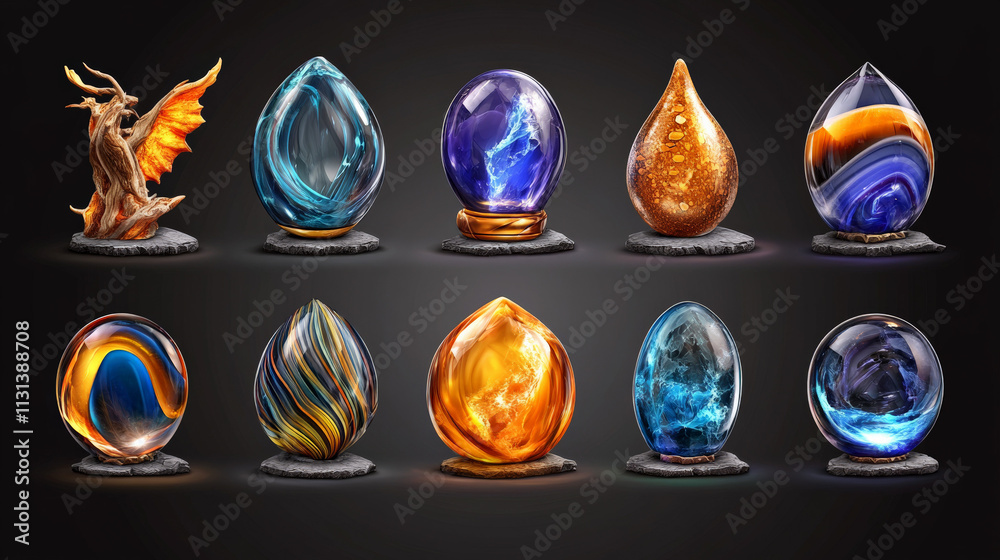 Magical Orbs: A collection of ten vibrant and fantastical orbs, each imbued with elemental ...