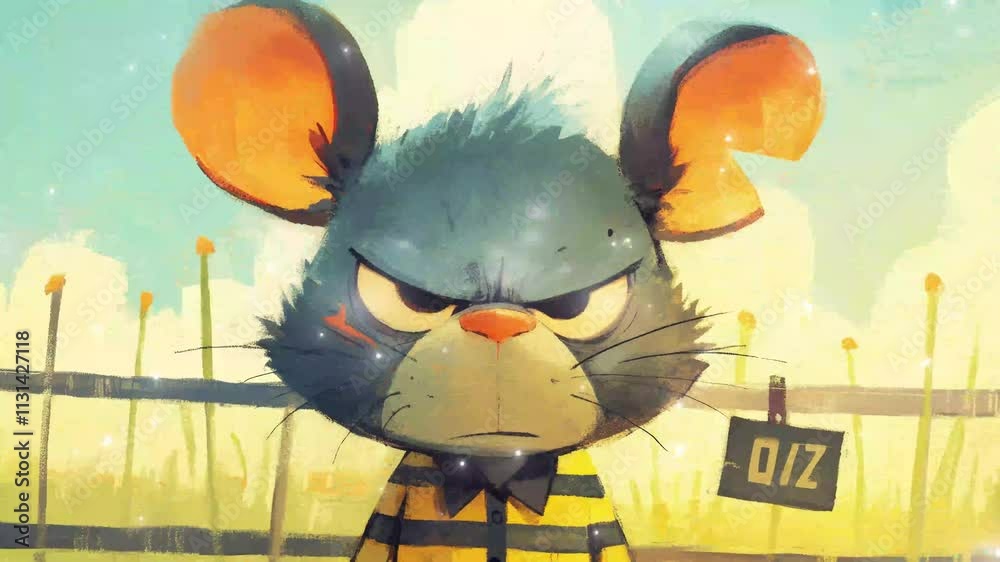 Angry cartoon mouse in a mugshot stands defiantly against a bright ...