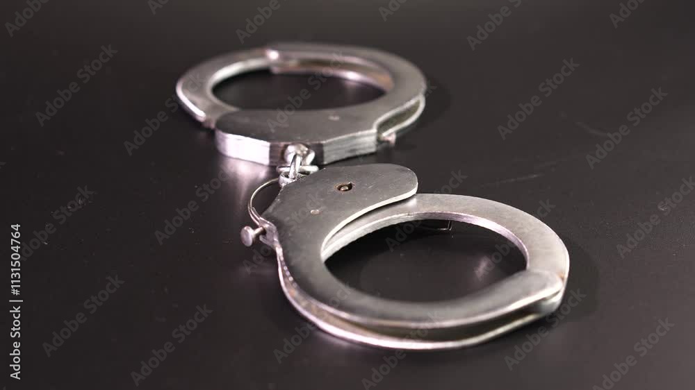 Pair of handcuffs used by law enforcement to arrest criminals, lit in ...
