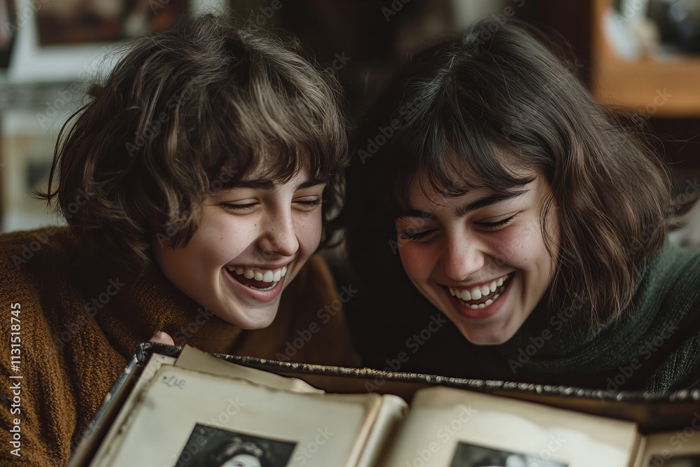 Friends share laughter while reminiscing over an old photo album in a ...