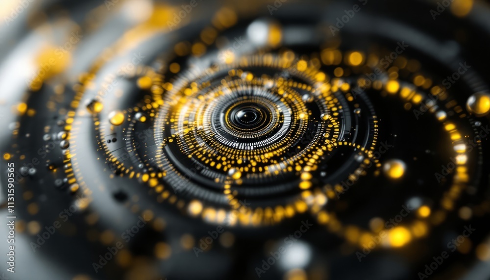 Concentric circles and patterns in black, white, and yellow, creating a hypnotic and abstract ...