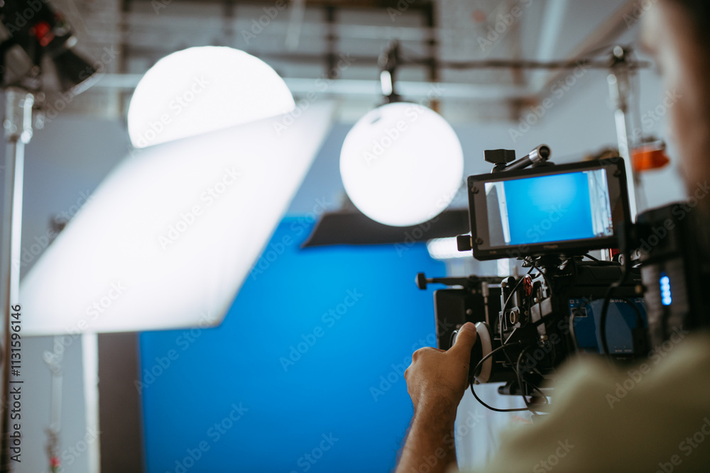 Professional cinema and video camera on the set. Shooting shift ...