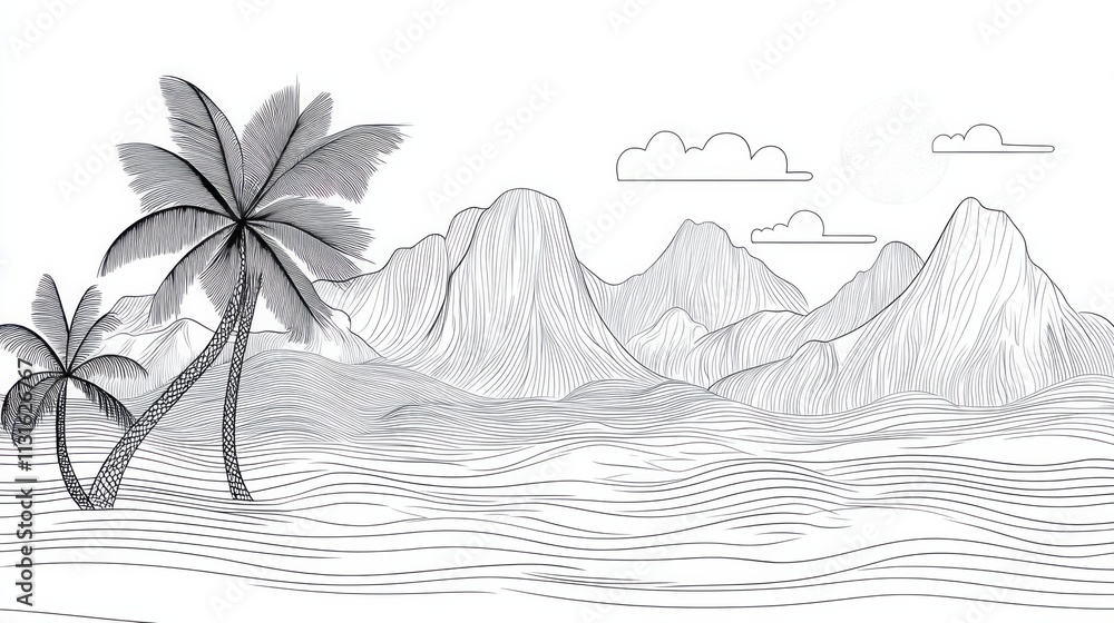 Tropics oasis island line drawing. Abstract tropical landscape ...