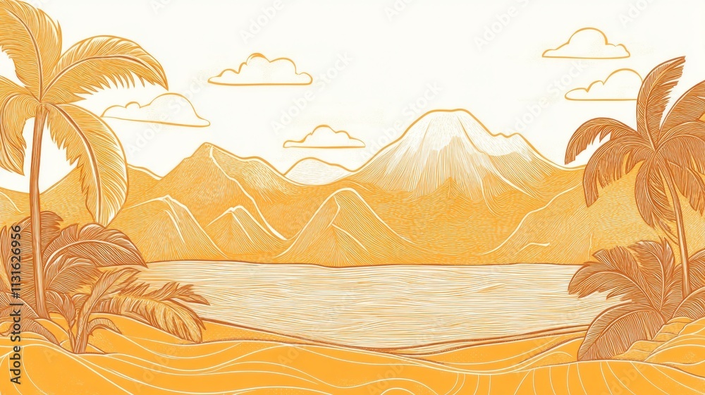 Tropics oasis island line drawing. Abstract tropical landscape ...