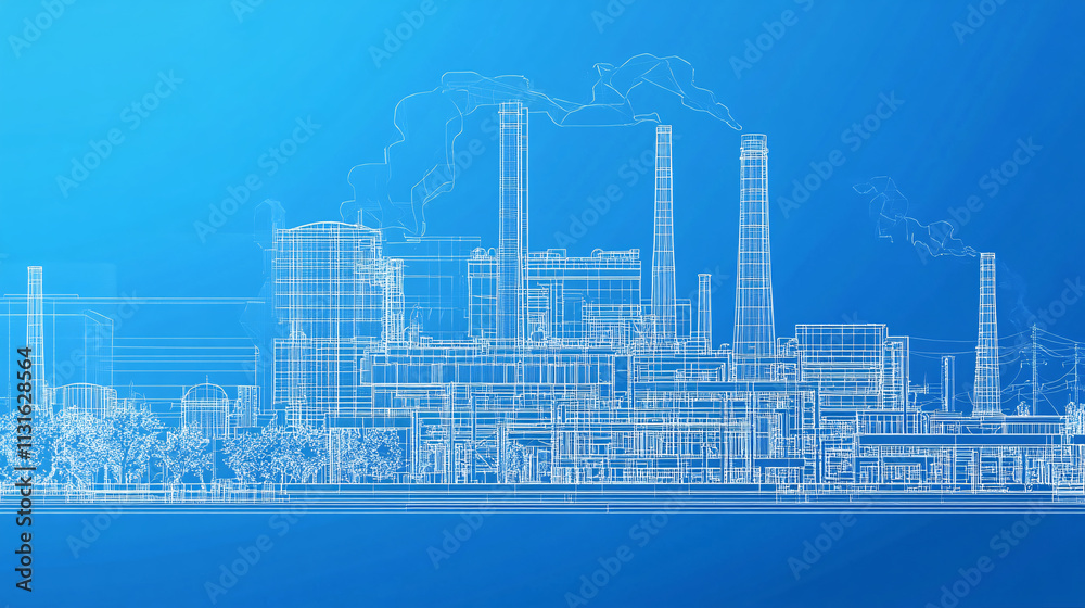 Blueprint-style line art of a futuristic waste-to-energy plant ...