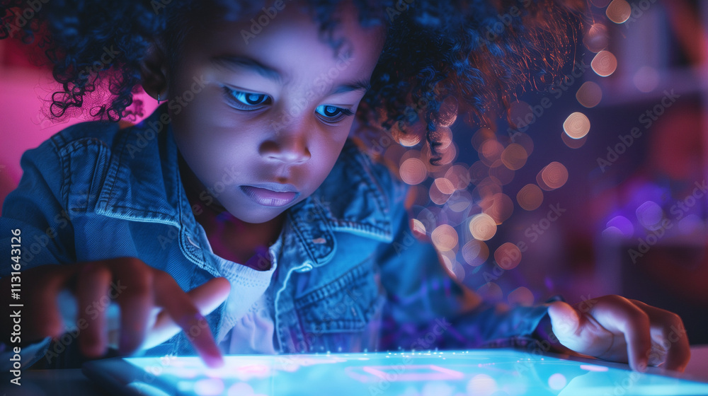 Young black child using a smart tablet device. Little child playing on ...