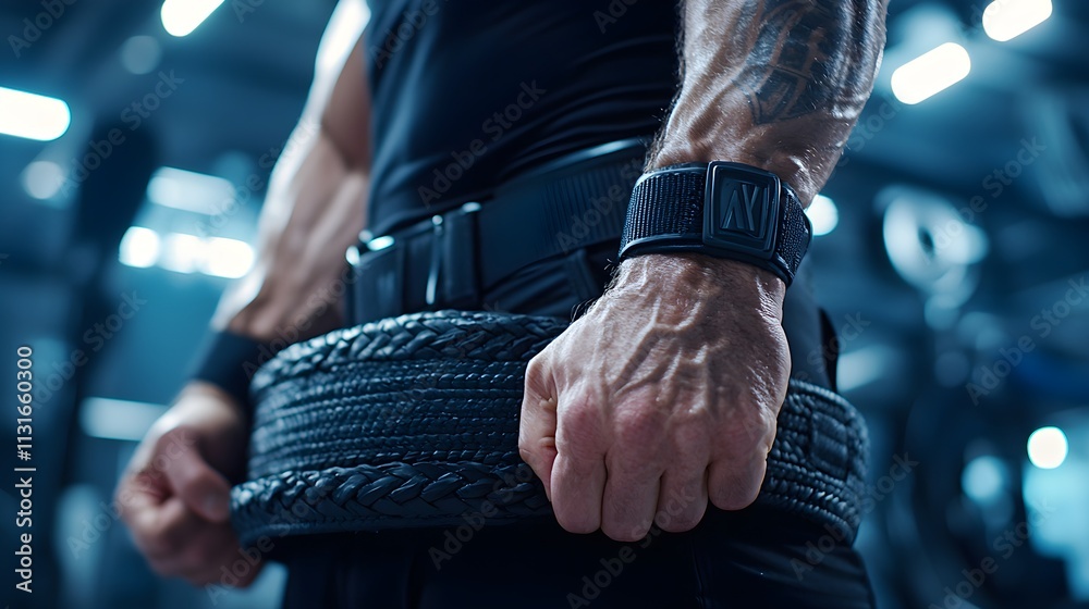 Coach strapping on boxing pads, veins visible on arms, rugged gym ...
