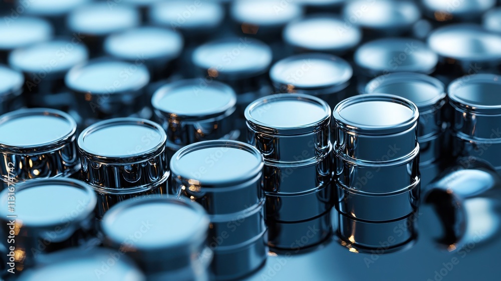 Industrial stacking of oil barrels in warehouse environment close-up ...