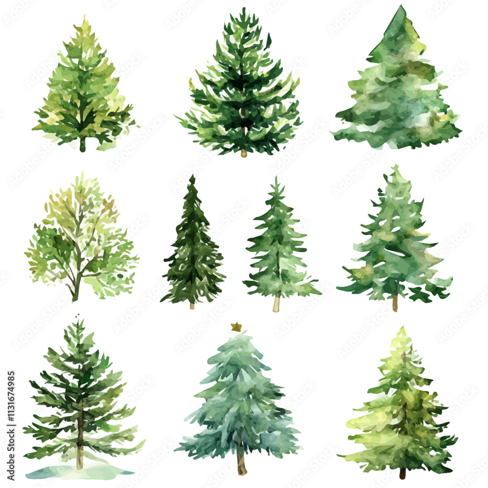 Watercolor set of various Christmas trees in different, watercolor ...