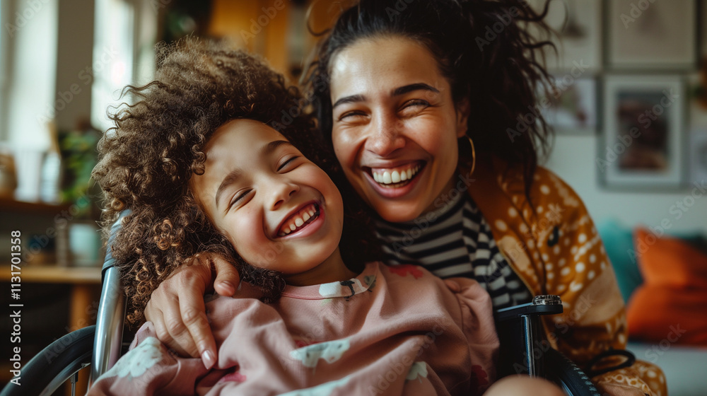 Smiling mixed race mother and disabled child in a wheelchair bonding ...