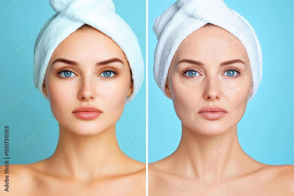 A comparison image of youthful vs. aging epidermis, with wrinkles and ...