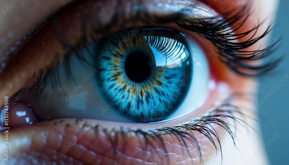 Close-up of a human eye with vivid blue iris and golden highlights ...