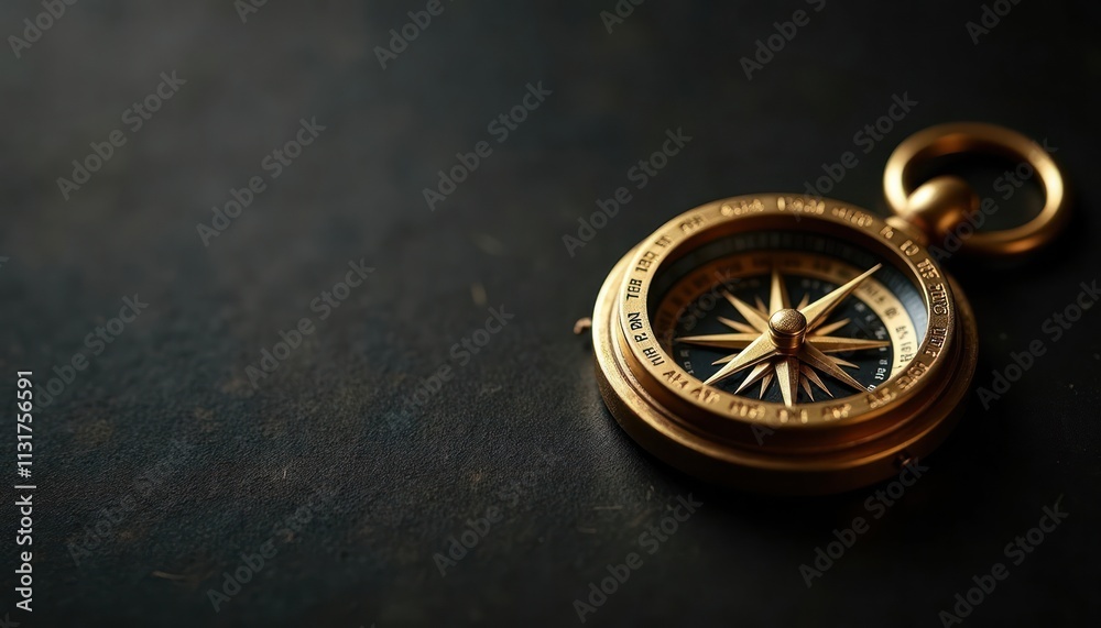 Antique golden compass lies on dark background. Golden needle points ...