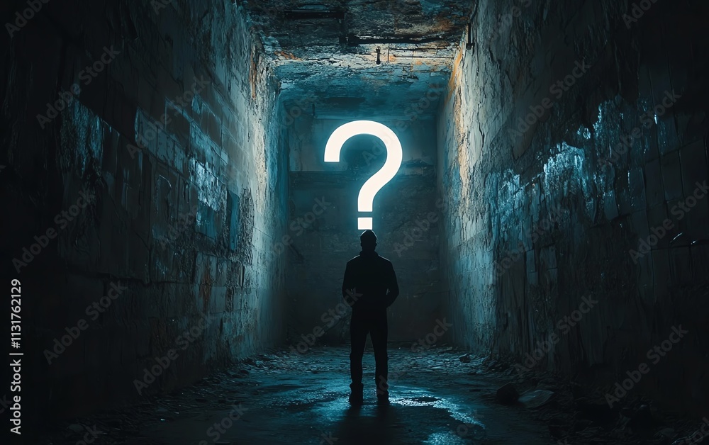 Man silhouette with glowing question mark in dark room, high contrast ...