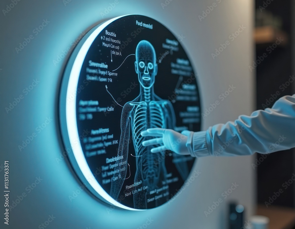 Interactive smart mirror shows human anatomy data. Person uses touch to ...