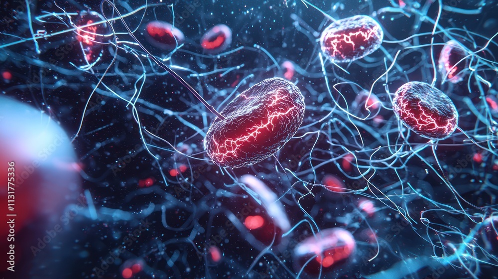 A digital representation of microscopic bacteria surrounded by red ...