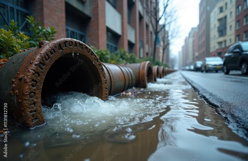 Overflowing drain pipes flood urban street with murky water. Rusty ...