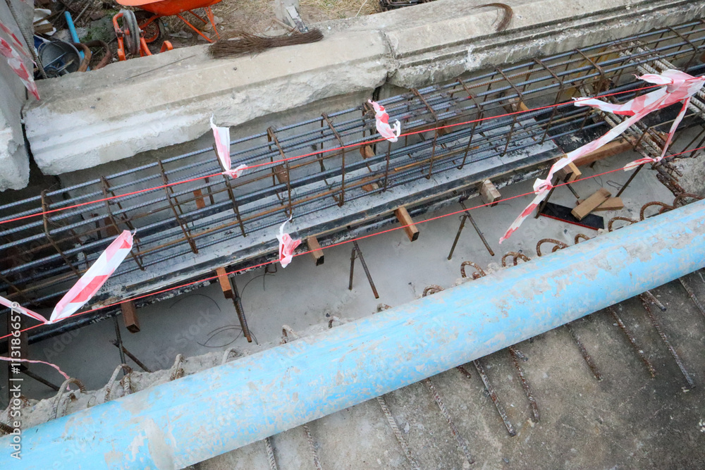 Construction site with rebar reinforcement in a concrete formwork ...