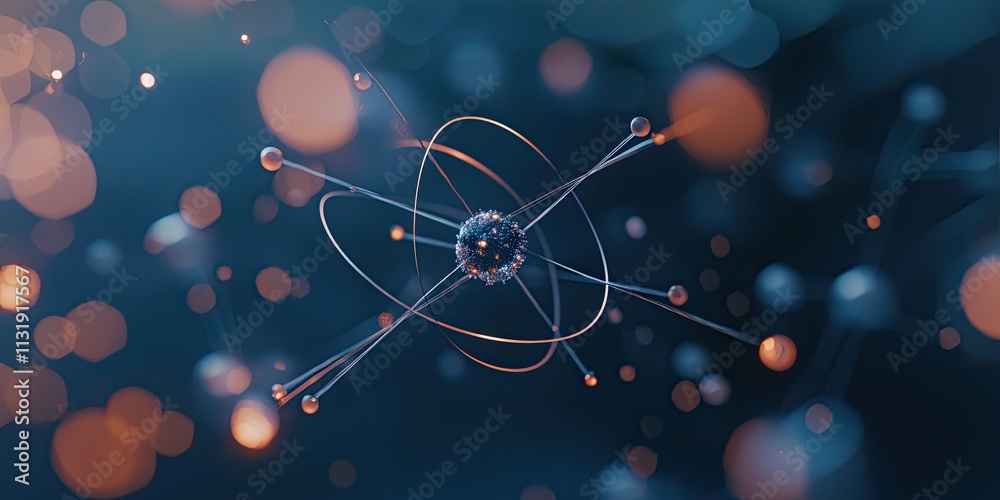 3D render of a single atom model rotating in a space-like setting, with ...