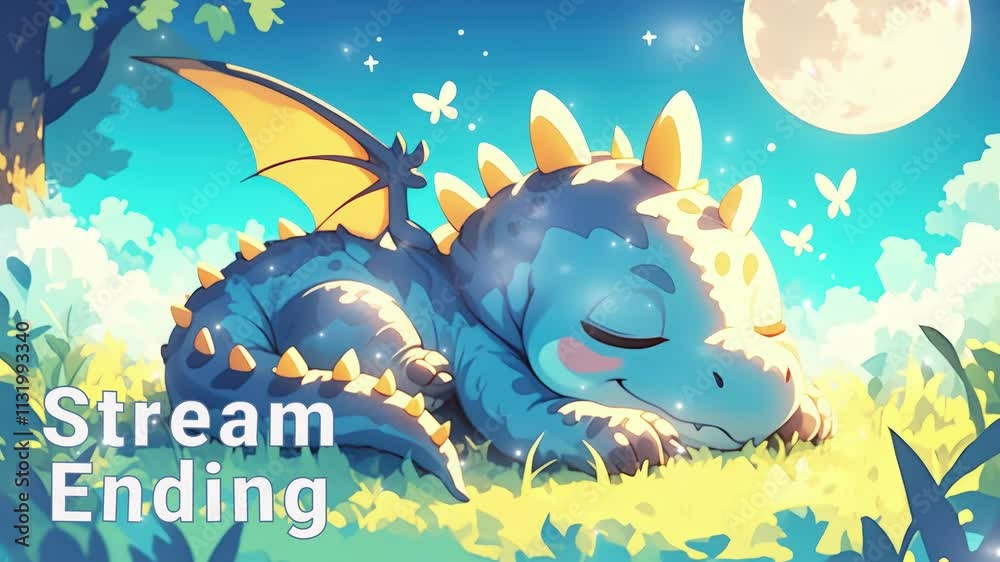 A charming dragon sleeps peacefully under a glowing moon. stream ending ...