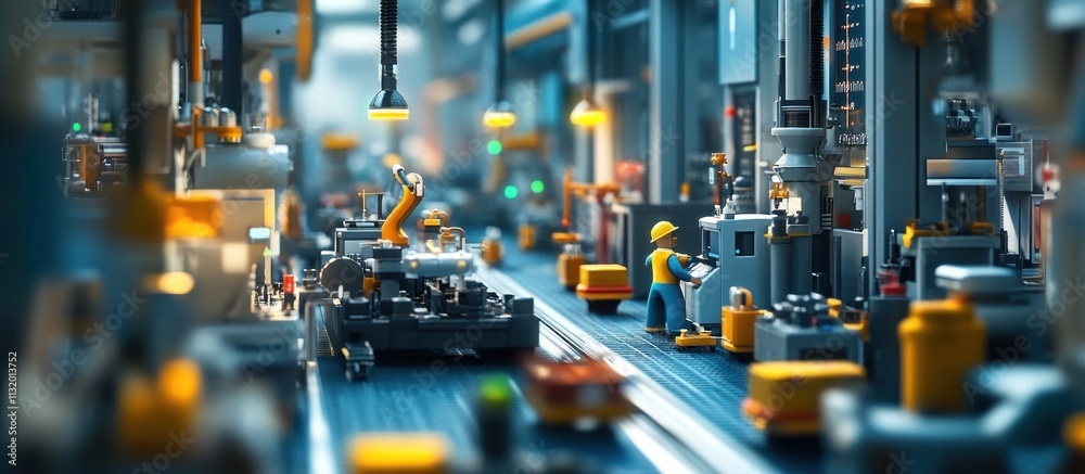 Small-scale manufacturing plant, assembly line workers, machinery in ...